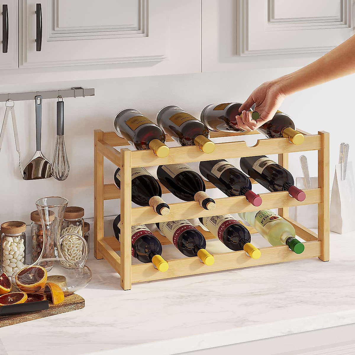BAMEOS Bamboo Wine Rack, 3 Tier Natural Wine Rack Freestanding Floor Display Storage Shelf countertop Wine Holder for Kitchen, Bar, Pantry, Wine Cellar, Basement,Study，Maroon (16.85 L x 9.25W x 12H)