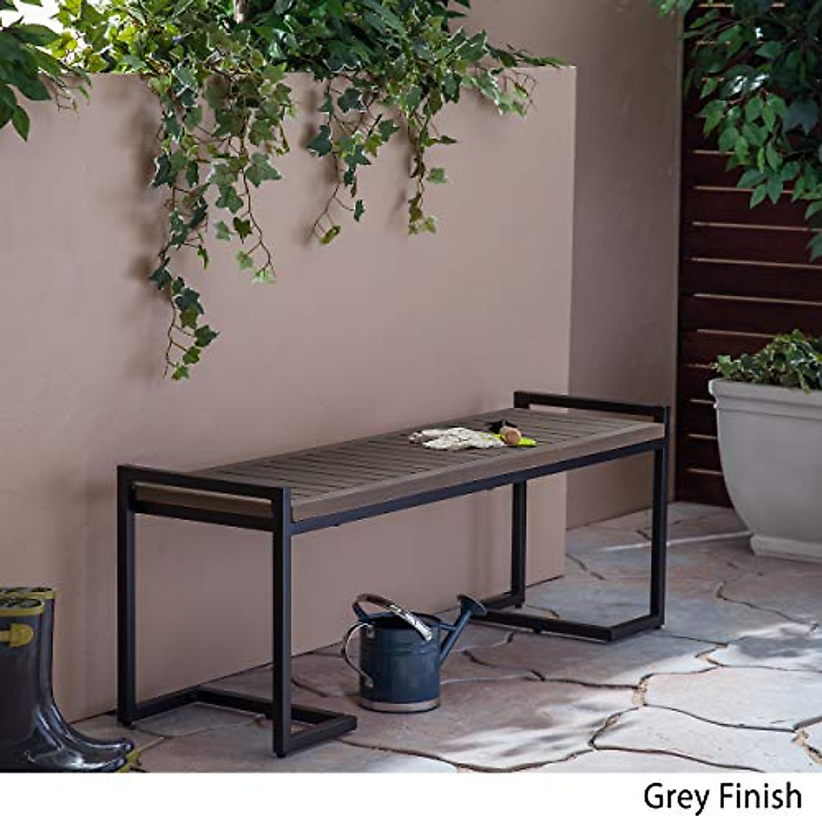 Christopher Knight Home Noel Outdoor Industrial Acacia Wood and Iron Bench, Gray, Grey Finish/Black Metal