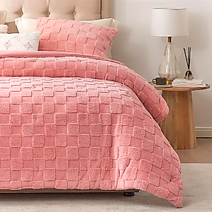 Cozy Bliss Fluffy Queen Size Comforter Set, Farmhouse Jacquard Checkered Sherpa Bed Set, Ultra Soft Thick Bedding Set for Winter, 3 Pieces, 1 Fuzzy Comforter & 2 Pillow Shams, Hot Pink