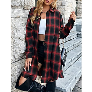 HangNiFang Long Flannel Shirts for Women Button Down Plaid Shirts Dresses Pocketed(0652-Red-XXL)
