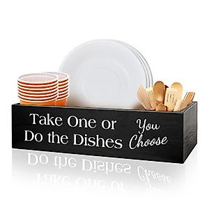 Kitchen Countertop Paper Plate Holder - Wooden Paper Plate Organizer Box Disposable Dish Holder for Wedding,Party,BBQ, Rustic Farmhouse Utensil Caddy for Cups,Forks,Spoons,Plates,Napkins,Condiments