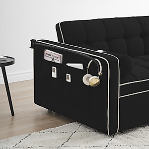 LITVZ Love Seat Sleeper Bed, 3 in 1 Convertible Sleeper Sofa Couch with Pull Out Bed, Velvet Futon Sofa Bed with Phone Holder, Pillows and Pockets for Living Room Apartment Small Place (Black)
