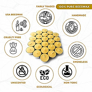 Pure Beeswax Tealights (Pack of 24) Unscented Tea Lights with Light & Natural Honey Scent - Decorative & Handmade Candles for Home, Wedding - 4 Hour Burn Time - Eco Friendly, Smokeless & Clean Burning