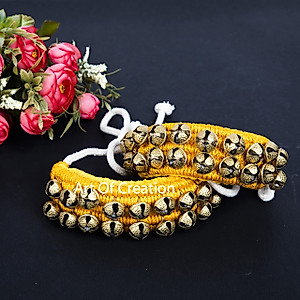 Art Of Creation Dancing Ankle Kathak Ghungroo Pair 40 Bells 2 Lines Handmade Musical Instrument Classical Bharatnatayam Kuchchipudi (Yellow Padded 40 Bell)