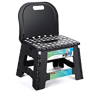 ACSTEP Folding Step Stool, Include Extra Wide Heavy Duty Stepping Stool and Back Support Foldable Step Stool Black
