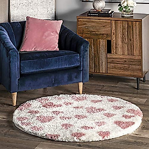 nuLOOM Olivia Heart Nursery Shag Area Rug, 4' Round, Pink