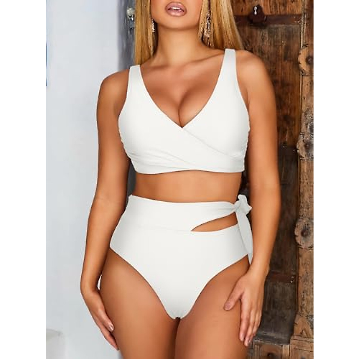 Sovoyontee 2024 Womens Criss Cross Bikini Sets Two Piece Swimsuit High Waisted Cheeky Cut Out Bathing Suit White XL