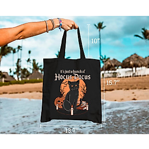 GXVUIS It's Just A Bunch Of Hocus Pocus Canvas Tote Bag for Women Halloween Black Cat Graphic Reusable Grocery Shopping Bags Black