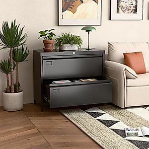 GangMei Metal Lateral File Cabinet with 2 Drawers, Wide Lateral Filing Cabinet with Lock for Hanging Files Letter/Legal/F4/A4 Size for Home Office School, Black, Assembly Required