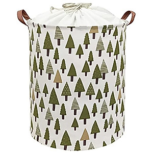 Sanjiaofen Nursery Laundry Basket Canvas Fabric Baby Boy Storage Bins,Collapsible Woodland Hamper,Waterproof Storage Baskets with Leather Handle,Forest Nursery Decor,Toy Organizer (Tree)