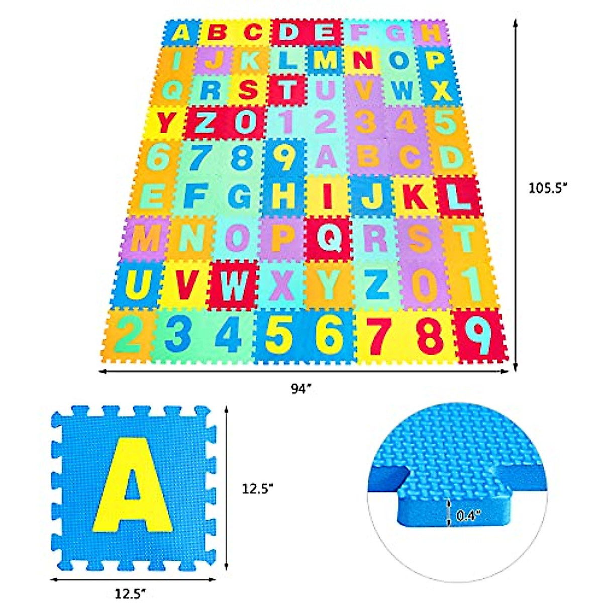 Costzon 72 Pieces Baby Play Mat w/Fence, Baby 0.4'' Thick EVA Baby Crawling Mat w/Detachable Numbers, Waterproof Soft Playmat for Toddler Infants (72 Pieces, Alphabet + Numbers)