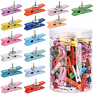 100Pcs Push Pin with Wooden Clips Tacks for Cork Board Artwork for Bulletin Board Crafts Arts Projects Photo Supplies(Colorful)