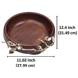 Wooden Bowl with Decorative Brass Branch Handle - Large Wood Serving Dish for Salad, Popcorn, and Chips - Versatile Fruit Bowl and Serving Bowl - Essential Kitchen Counter Serveware
