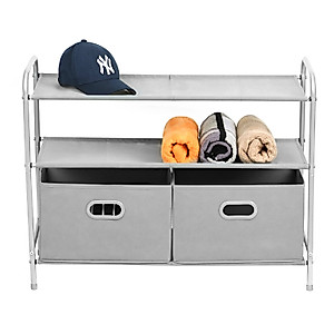 MaidMAX 3 Tiers Closet Shelf Organizer with 2 Drawers for Home Storage and Organization, Silver Grey