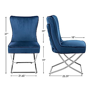 FOREDO Modern Stainless Steel Legs Velvet Dining Chairs Set of 2, Royal Comfortable Upholstered Dining Chairs with Button Tufted Back Solid Piping Around Dining Room Chairs, Dark Blue
