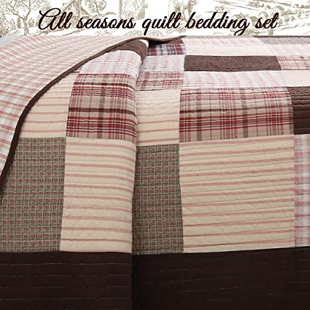 Cozy Line Home Fashions Brody Farmhouse Chocolate Plaid Striped Real Patchwork Reversible Quilt Bedding Set, Coverlet Bedspread (Brown Grid, King - 3 Piece)