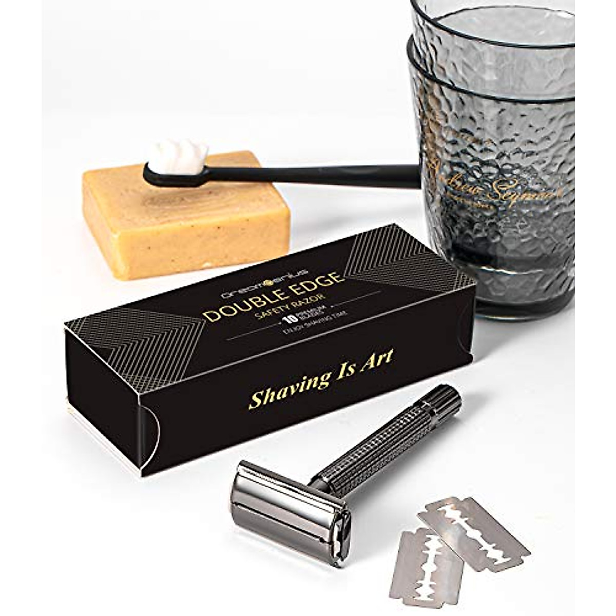 DreamGenius Double Edge Safety Razor, Long Handle Butterfly Open Razors for Men or Women,Single Blade Shaving Razor with 10 Stainless Steel,Double Edge Safety Razor Blades