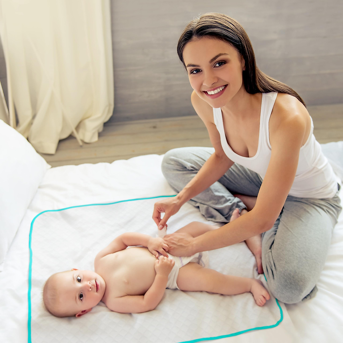 Baby Diaper Changing Mat - 31,5 x 25,5 inch Waterproof Portable Travel Changing Pad - Wipable Liners for Newborn Todlers Kids - Foldable Large Baby Nappy Changer Mat (White w/Turquoise Changing mat)