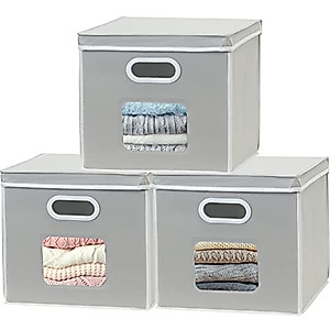 Simple Houseware 3-Pack 12-Inch Clear Window Cube Storage Bin with Lid, Grey