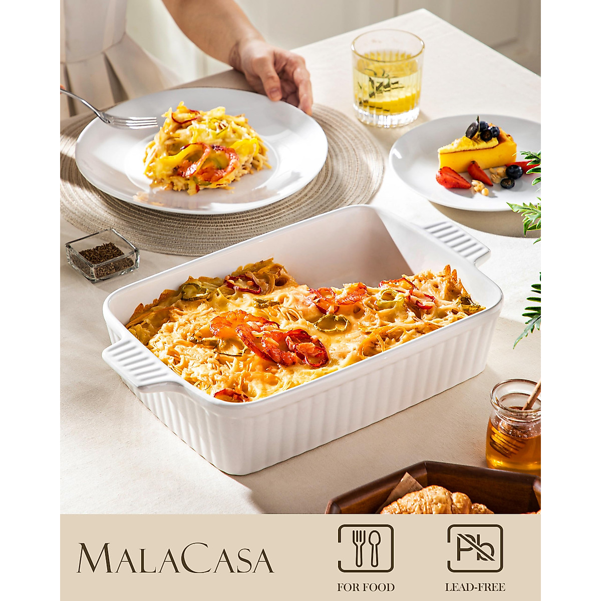 MALACASA 4.4 QT Baking Dish, 9x13 Large Casserole Dish for Oven, Ceramic Baking Pan, Rectangular Lasagna Pan Deep with Handles for Baking, Durable Microwave Oven Safe, White, Series BAKE-BAKE