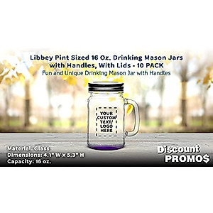 10 Libbey Handle Mason Jars with Lids Set, 16 oz. - Personalized Text, Logo - Traditional style, Drinking, Glassware - Purple