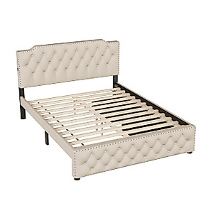 Luxo Abode Queen Size Upholstered Platform Bed with 2 Drawers and 1 Twin XL Size Trundle, Classic Headboard Design, No Box Spring Need and Easy to Assembly,for Bedroom, Guest Room, Apartment, Beige
