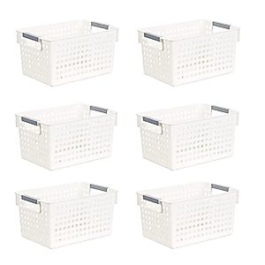 Whale Pocket 6 PCS Plastic Storage Basket, Slim White Organizer Tote Bin Shelf Baskets for Closet Organization, De-Clutter, Toys, Cleaning Products, Accessories 12.2x 8.6x 7in