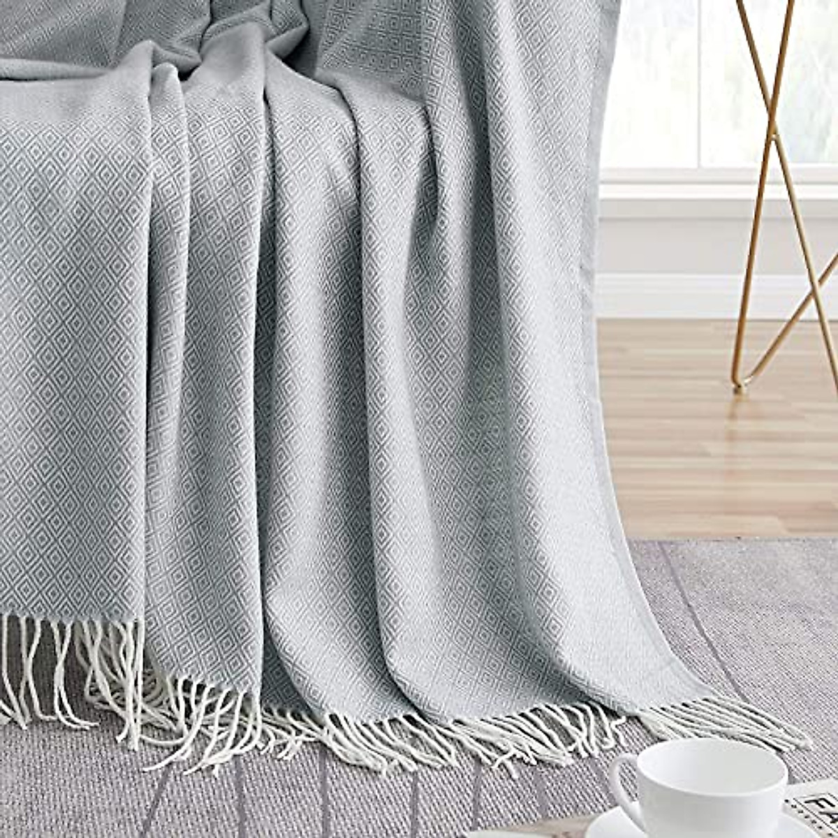 BOURINA Decorative Diamond Lattice Faux Cashmere Fringe Throw Blanket Lightweight Soft Cozy for Bed or Sofa Farmhouse Outdoor Throw Blankets, 50" x 60",Light Blue