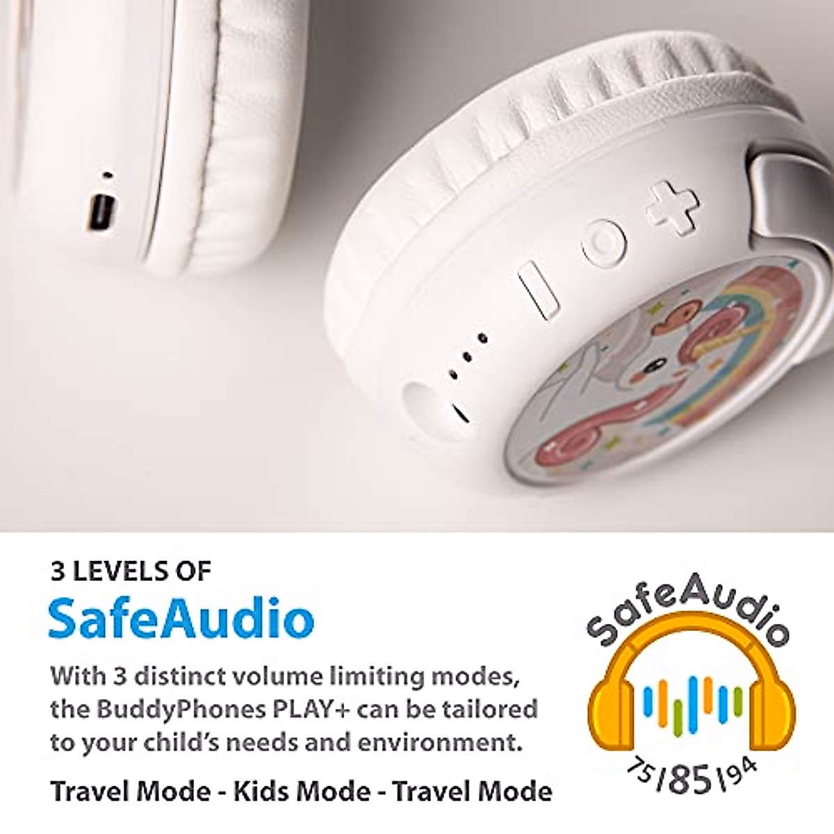 BuddyPhones Play+, Wireless Bluetooth Volume-Limiting Kids Headphones, 20-Hours Battery Life, 3 Volume Settings, Voice Enhancing StudyMode, Answer/Playback Button, BuddyLink Cable, Grey Matter