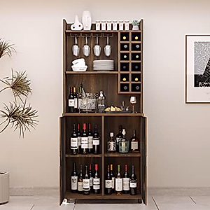 Apepro Wine Bar Cabinet for Liquor and Glasses with 12 Wine Bottle Racks, Kitchen Hutch Storage Cabinet for Living, Dinning Room, Hallway—Doors That Combine Wire Mesh with MDF