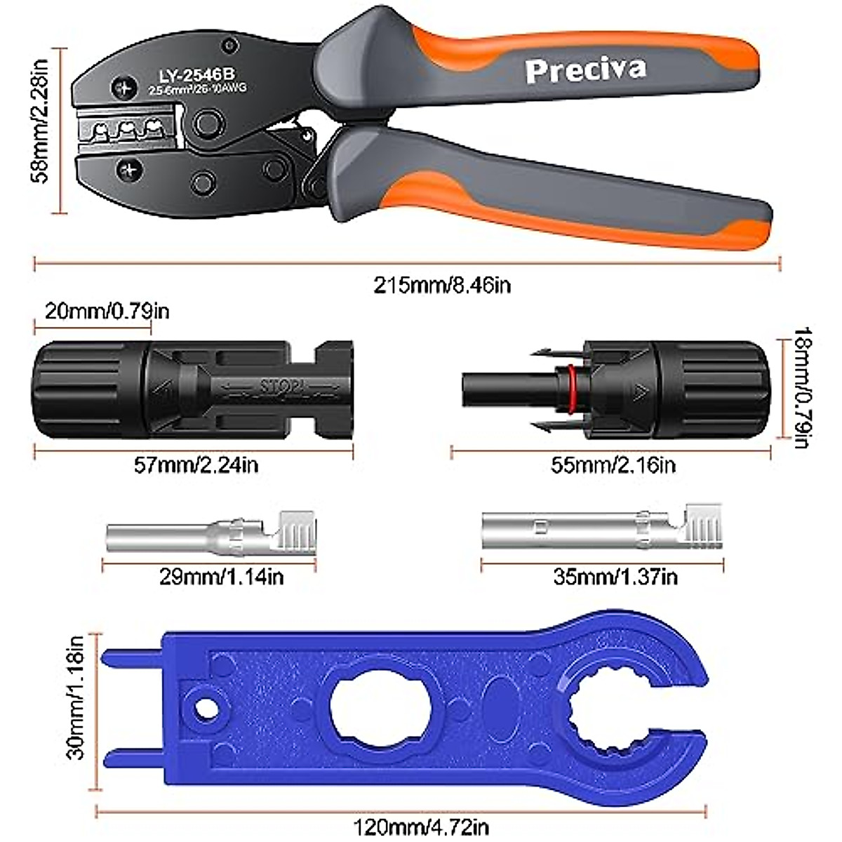 Preciva Solar Crimping Tool Kit for 2.5-6.0mm²/AWG26-10 Solar Panel PV Cable with 10PCS Male Female Solar Panel Cable Connectors and 2PCS Spanners Wrench