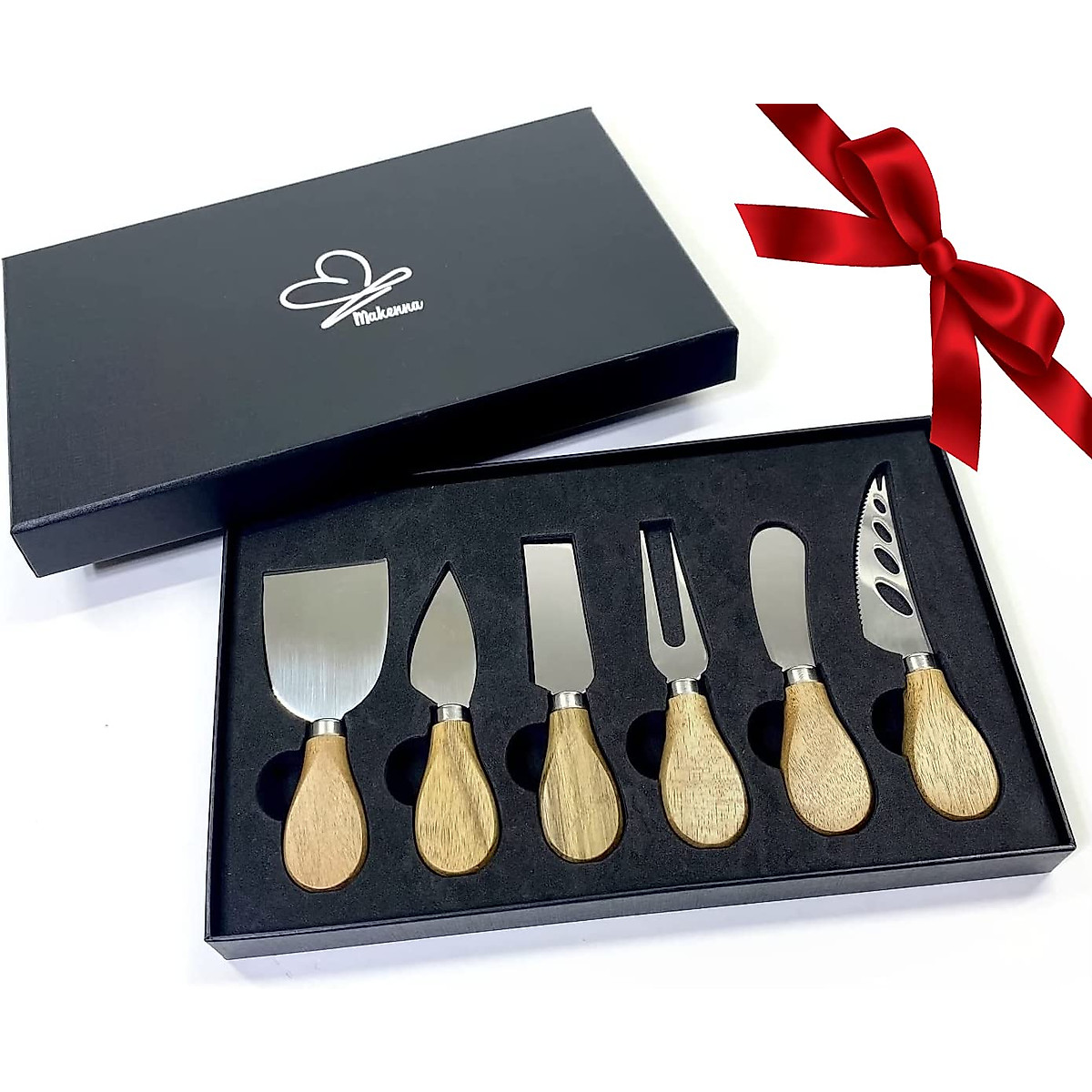 Makenna Premium Specialty Cheese Knife Set — Custom Storage Case Gift Box, Wide Solid Wood Handle, Stainless Steel Blade, Spreader, Slicer, Fork, 6 Pc Knives, Spatula for Charcuterie Board