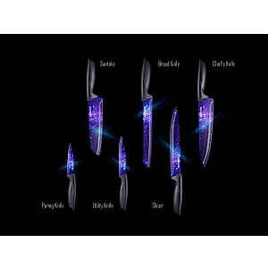 PurpleChef 10 Pieces Purple Galaxy Kitchen Knives Set. Includes 6 Stainless Steel Knives, Scissors, Knife Sharpener, Peeler, and Clear Acrylic Stand.