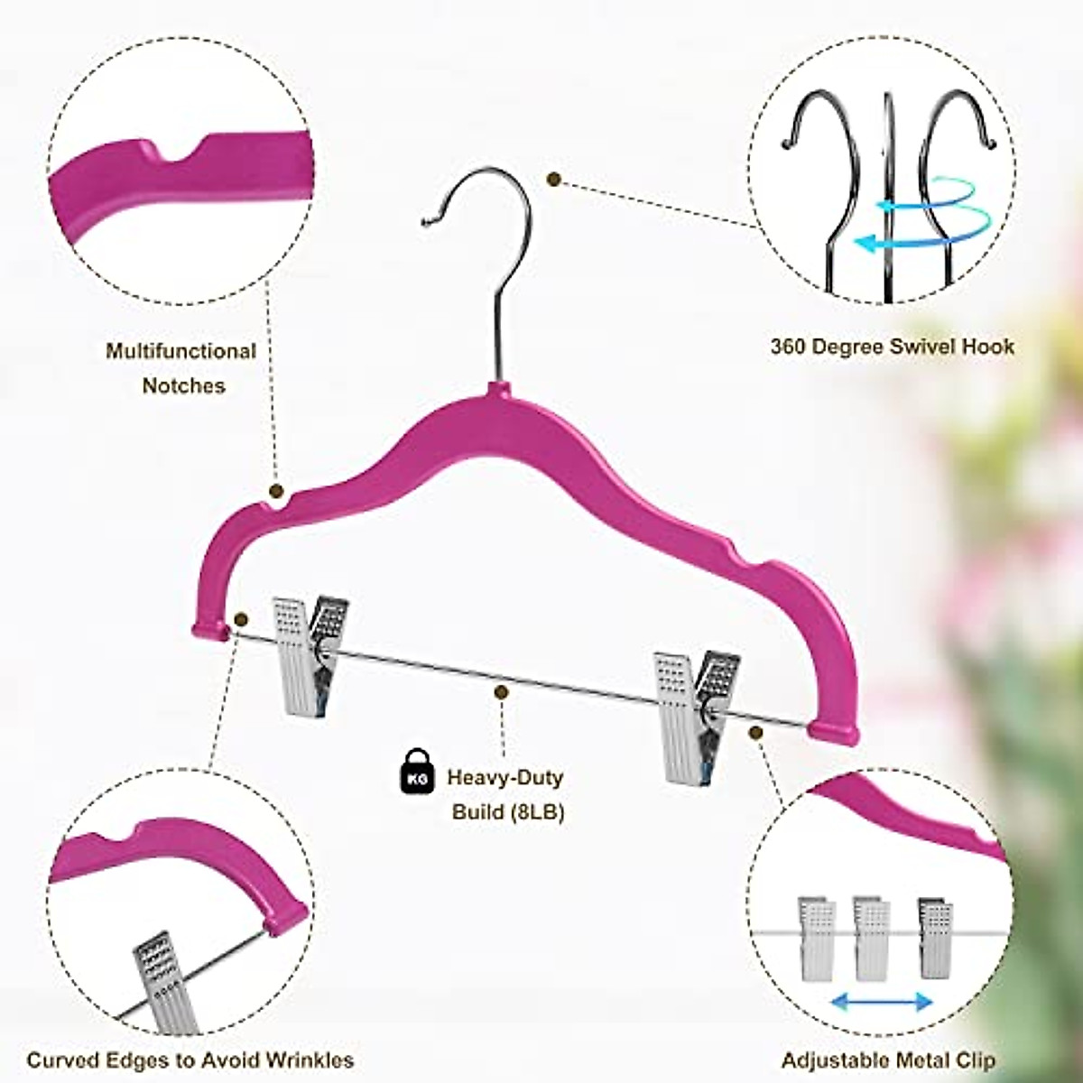 Quality Kids Children's Plastic Non Velvet Non-Flocked Thin Compact Skirt Pant Coat Hangers with Metal Clips for Skirts Pants Blouses 360° Swivel Hook, Jacket, Shirt, Legging, Suit Hangers (Pink, 10)