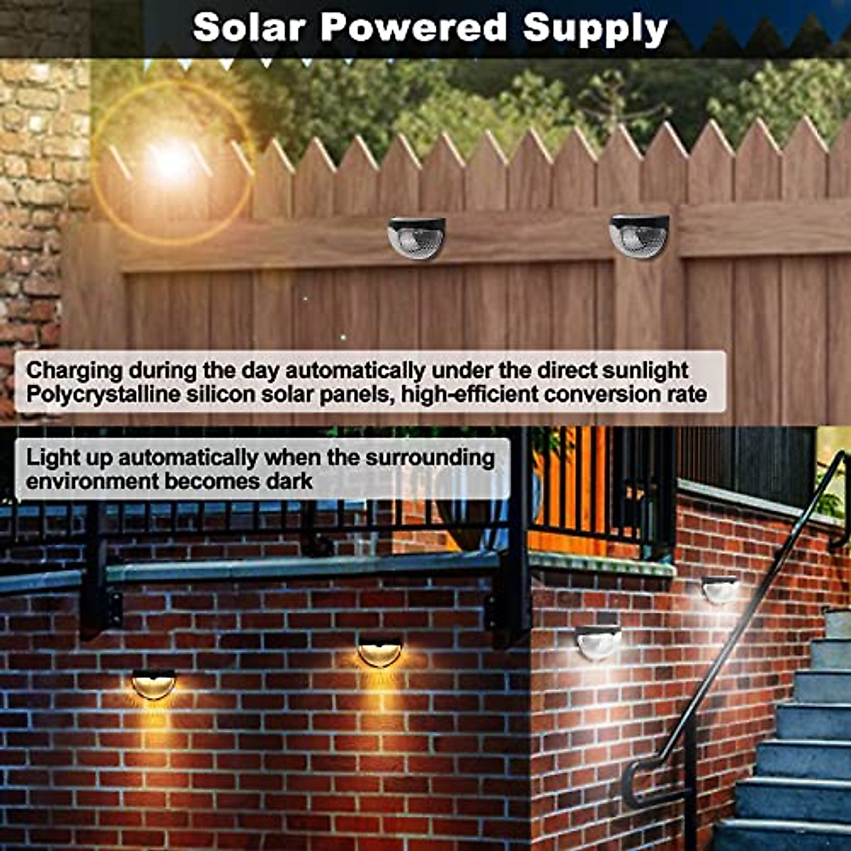 Howeifull Solar Outdoor Fence Lights, Waterproof Solar Powered Deck Lights, 4 Pack Solar Garden Lights for Steps Pathway Patio Backyard, Warm White/Cool White 2 Lighting Modes (Black)