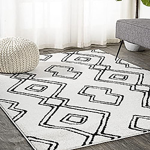 JONATHAN Y MOH401A-5 Deia Moroccan Style Diamond Shag Indoor Area-Rug Bohemian Geometric Easy-Cleaning Bedroom Kitchen Living Room Non Shedding, 5 X 8, White/Black