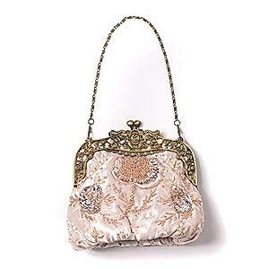 ilishop Women's Antique Beaded Party Clutch Vintage Rose Purse Evening Handbag (Champagne)
