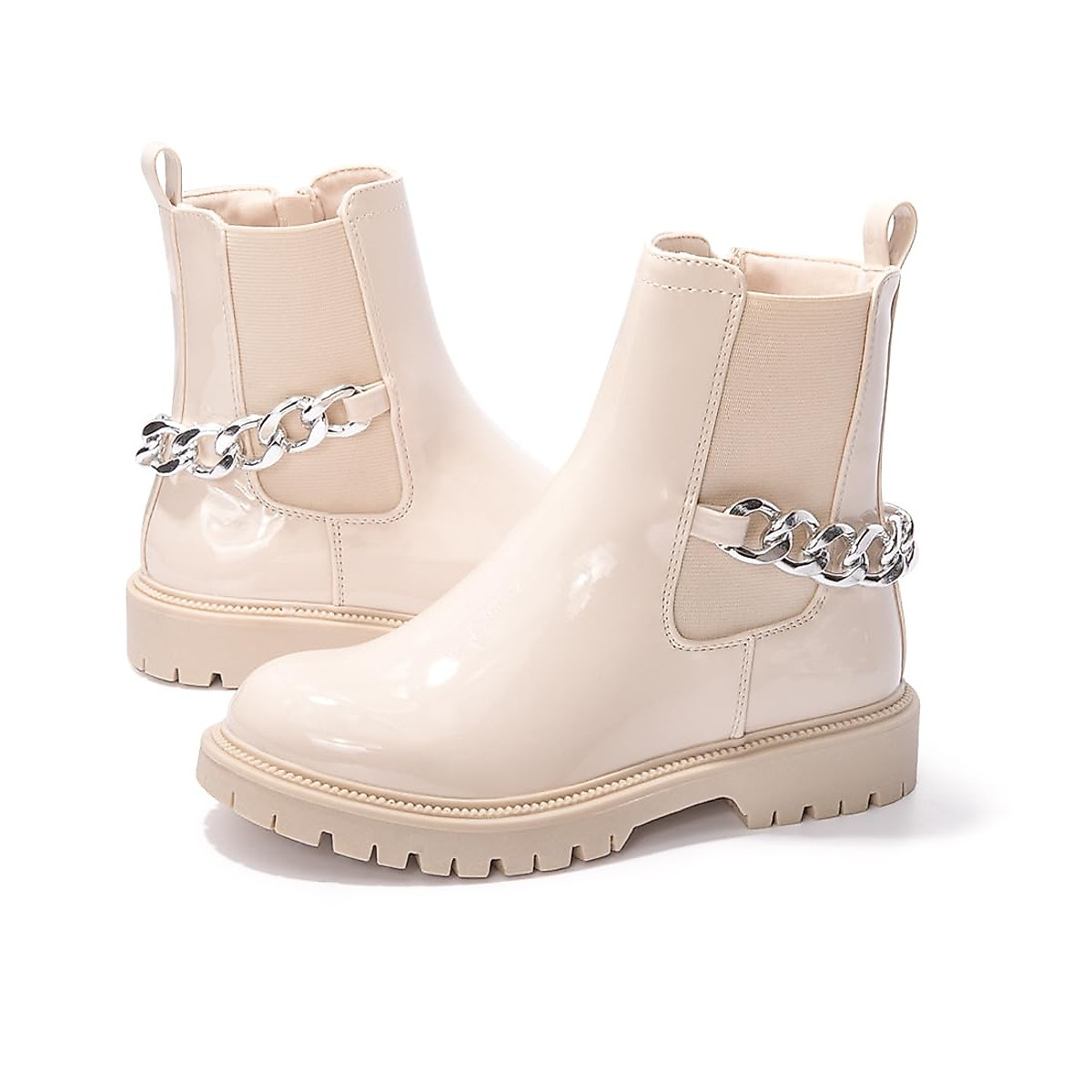 FUNKYMONKEY Boots for Girls Black White Nude Faux Leather Fashion Ankle Boots With Side Zipper for Little Kid/Big Kid (5 Big Kid, Nude)