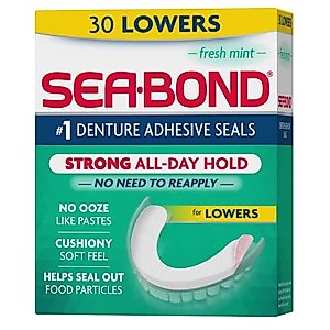 Sea Bond Secure Denture Adhesive Seals, Fresh Mint Lowers, Zinc-Free, All-Day-Hold, Mess-Free, 30 Count (Pack of 1)