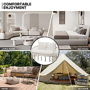 MoNiBloom Double Swing Chair with 3 Cushions for Outside, Large Hanging Macrame Swing Chair for Indoor/Outdoor Relax, Adult Hammock Boho Chair Max 700 lbs Capacity for Porch Balcony Backyard, Beige