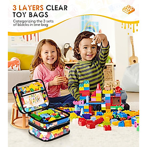 MISSLO 3-Layer Storage Organizer with 3 Manual Pockets Clear Storage Bag for Puzzles, Bricks, Building Blocks, Crafts (Black)