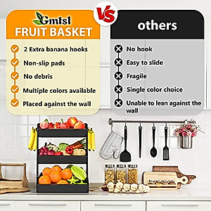 Gmtsl Bamboo Fruit Basket – 3 Tier Fruit Bowl For Kitchen Counter, Large Capacity Fruit Holder With 2 Banana Hangers, Idea For Fruit and Vegetable Storage, Bread Basket, Snack Organizer(BLACK)