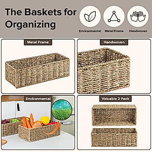 OEHID Small Wicker Baskets 2 Pack, Hand Woven Toilet Basket Tank Topper, Toilet Tank Basket for Bathroom Organizing, Seagrass Storage Baskets for Toilet Paper (14.4"Lx6.1"Wx4.4"H)
