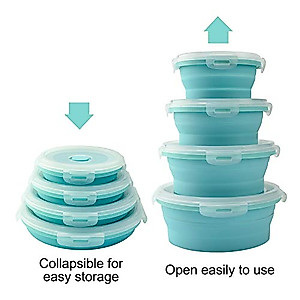 ULEE Silicone Collapsible Food Storage Containers,Set of 4 Round Folding Silicone Lunch Box,Microwave and Freezer Safe (Blue, Round)