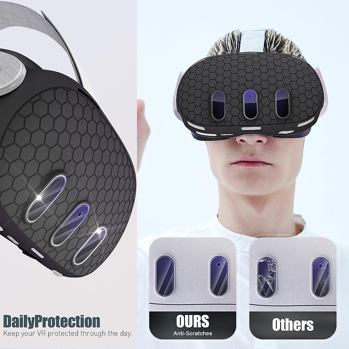 Orzero Soft Silicone Headset Cover Compatible for Quest 3, with 2 Sets 6 Packs Tempered Glass Camera Lens Protector Anti-Drop Strong Protection VR Gaming Accessories - Black