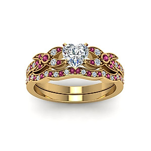 CustomizedGifts Flower Pave Diamond Wedding Ring Set yellow gold plated Created Pink Sapphire Heart shape Pink color Wedding Ring Sets bezel Setting in Size 4 Handcraft Chakra Healing