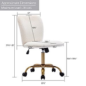 DUHOME Faux Fur Home Office Desk Chair, Modern Fluffy Fuzzy Vanity Chair with Wheels Golden Base Height Adjustable Swivel Task Chair for Girls Women, White & Faux Fur