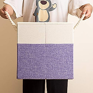 PRANDOM Large Foldable Cube Storage Bins 13x13 inch [4-Pack] Fabric Linen Storage Baskets Cubes Drawer with Cotton Handles Organizer for Shelves Nursery Closet Bedroom Purple
