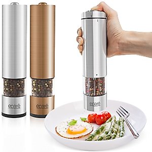 Eparé Bundle: Electric Salt or Pepper Grinder - Battery Operated Ceramic Burr Peppermill Shaker (Metallic) & Electric Salt or Pepper Grinder - Battery Operated Ceramic Burr Peppermill Shaker (Copper)