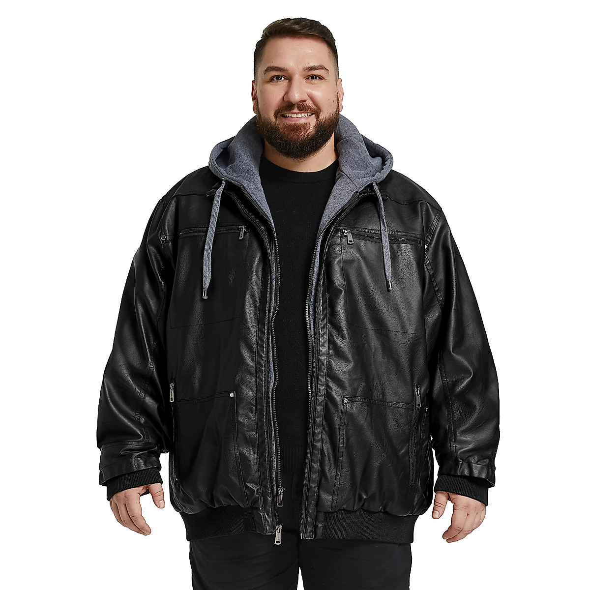 wantdo Men's Big and Tall Leather Motorcycle Jacket Warm Winter Coat with Removable Hood Black 3X-Large Big